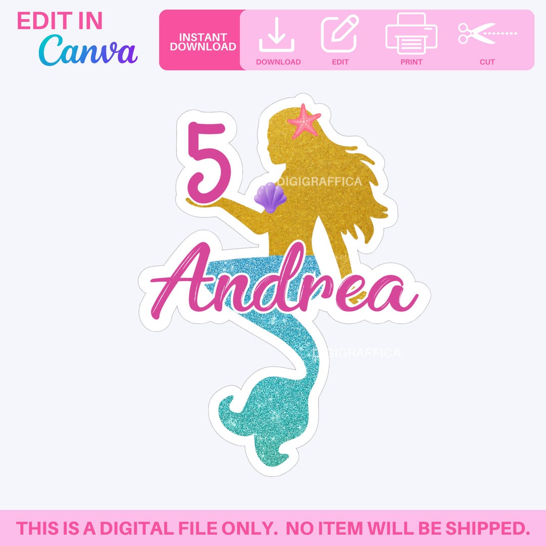 Canva Editable Mermaid Digital Cake Topper, Cake Topper Template ...