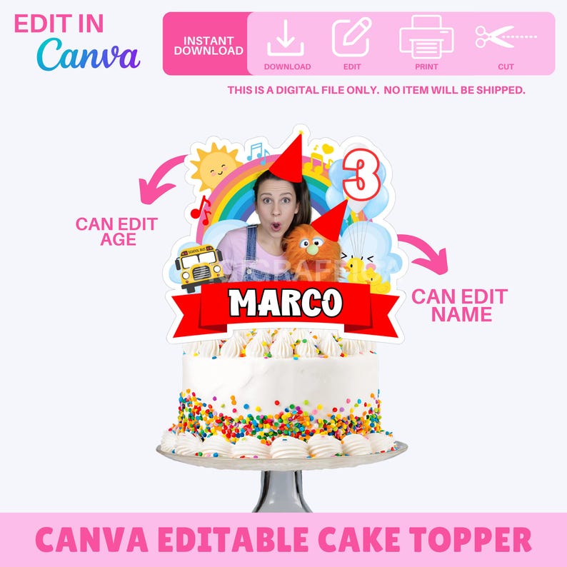 Red Ms Rachel Digital Cake Topper, Canva Editable, Party Printables ...