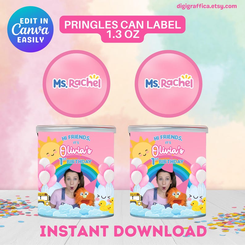 Ms Rachel Birthday Pringles Can Label Template: Canva Editable Party ...