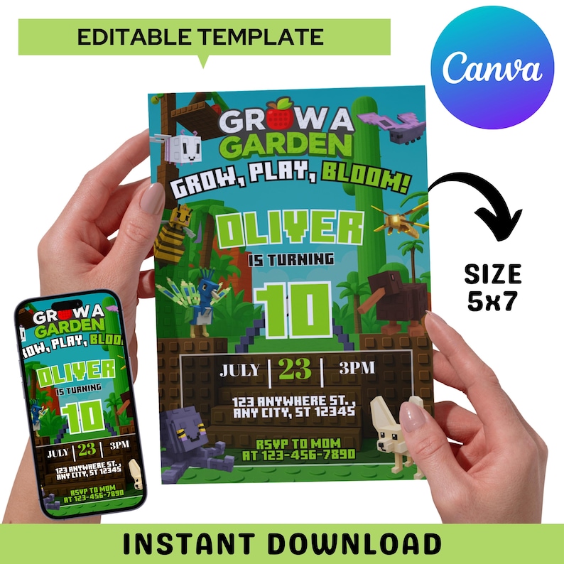 Roblox Grow a Garden Birthday Invitation: Editable Canva Template ...