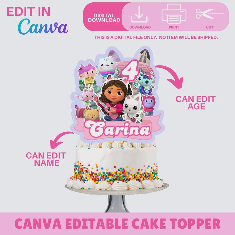 Gabby’s Dollhouse Cake Topper | Editable Canva Template | Digital ...