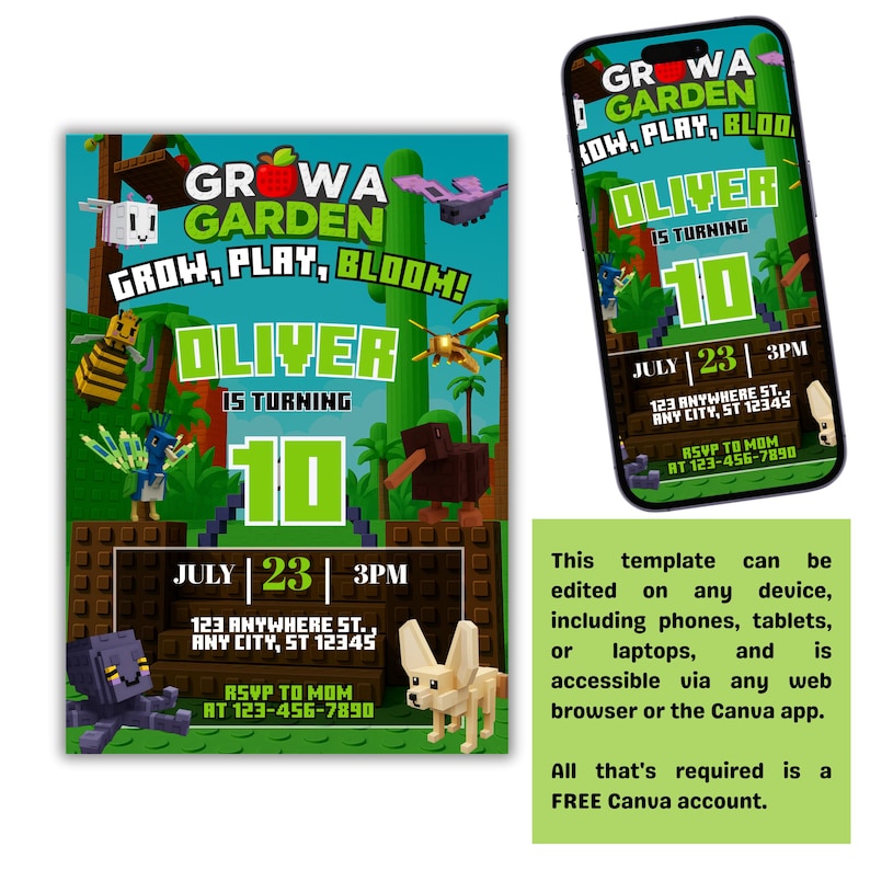 Roblox Grow a Garden Birthday Invitation: Editable Canva Template ...