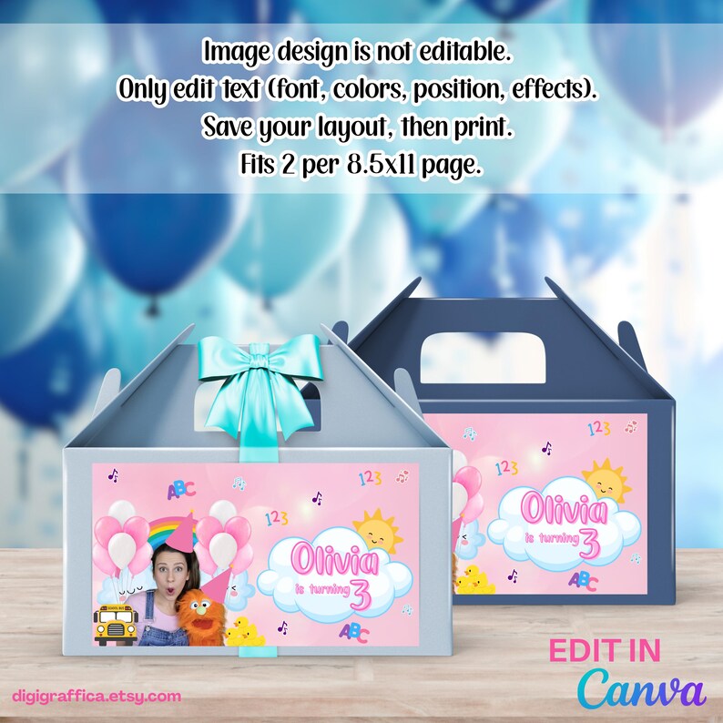 Editable Ms Rachel Gable Box Template | Edit in Canva | Party Bags ...