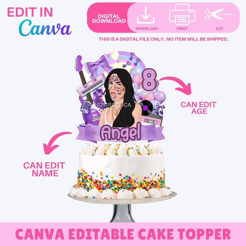 Pop Star Purple Cake Topper Template | Canva Editable Digital File ...