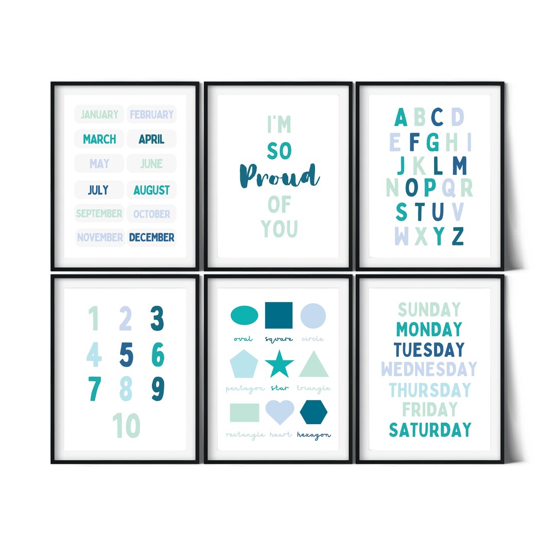 Kids Wall Art Set, Educational Posters, Blue Classroom Decor, Alphabets ...