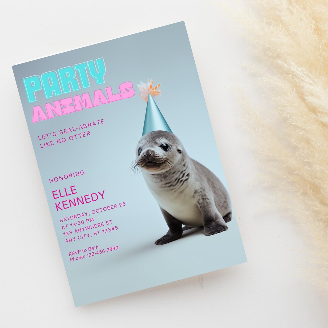 Cute Seal Birthday Card Template - Printable Digital Design With Animal ...