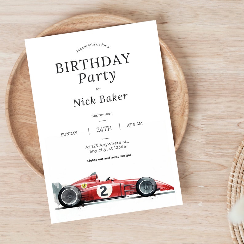 Invitación de cumpleaños de Fórmula 1 editable Race Car Boy Cumpleaños ...