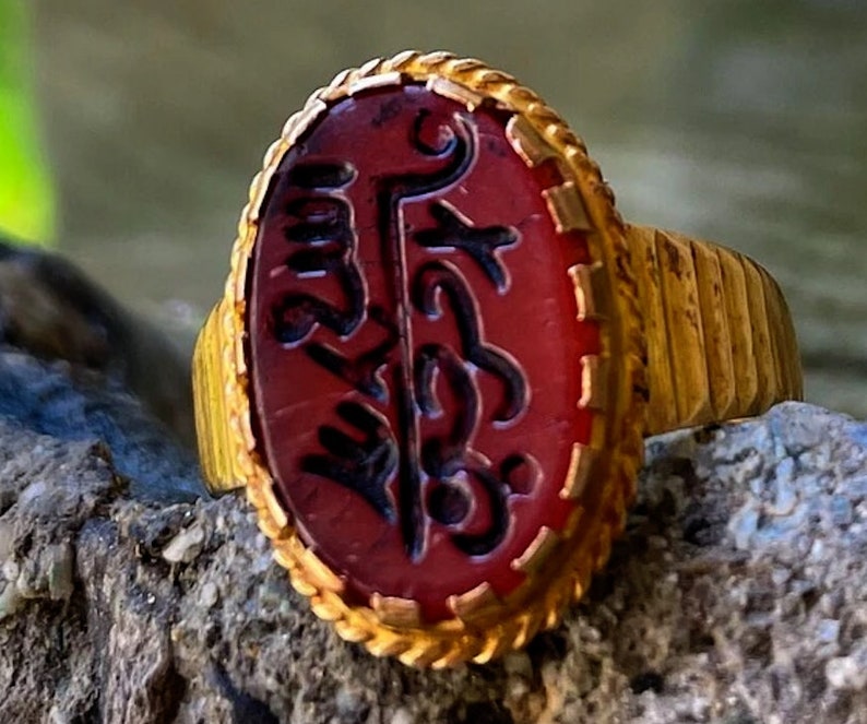Agate Yemeni 18k Gold Ring Ancient Old Hakik Gemstone Arabic Script ...