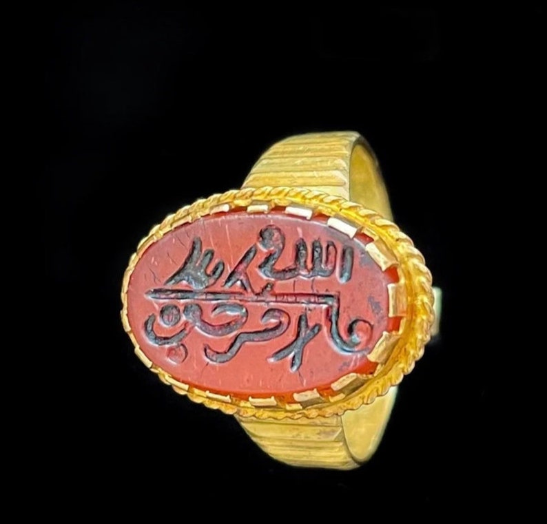 Agate Yemeni 18k Gold Ring Ancient Old Hakik Gemstone Arabic Script ...