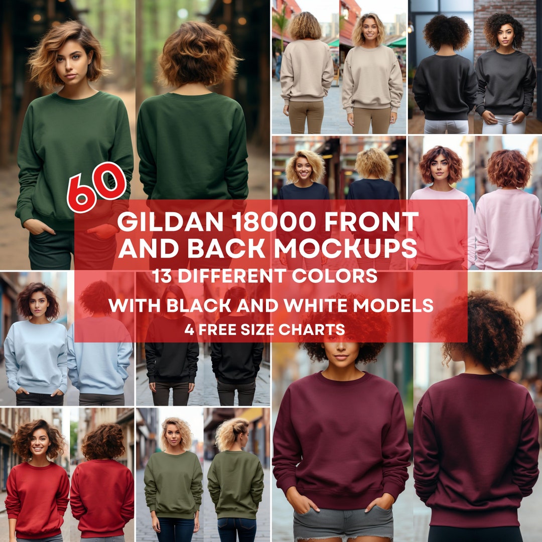 60 Gildan 18000 Front and Back Sweater Mockup Color Bundle, Front Back ...