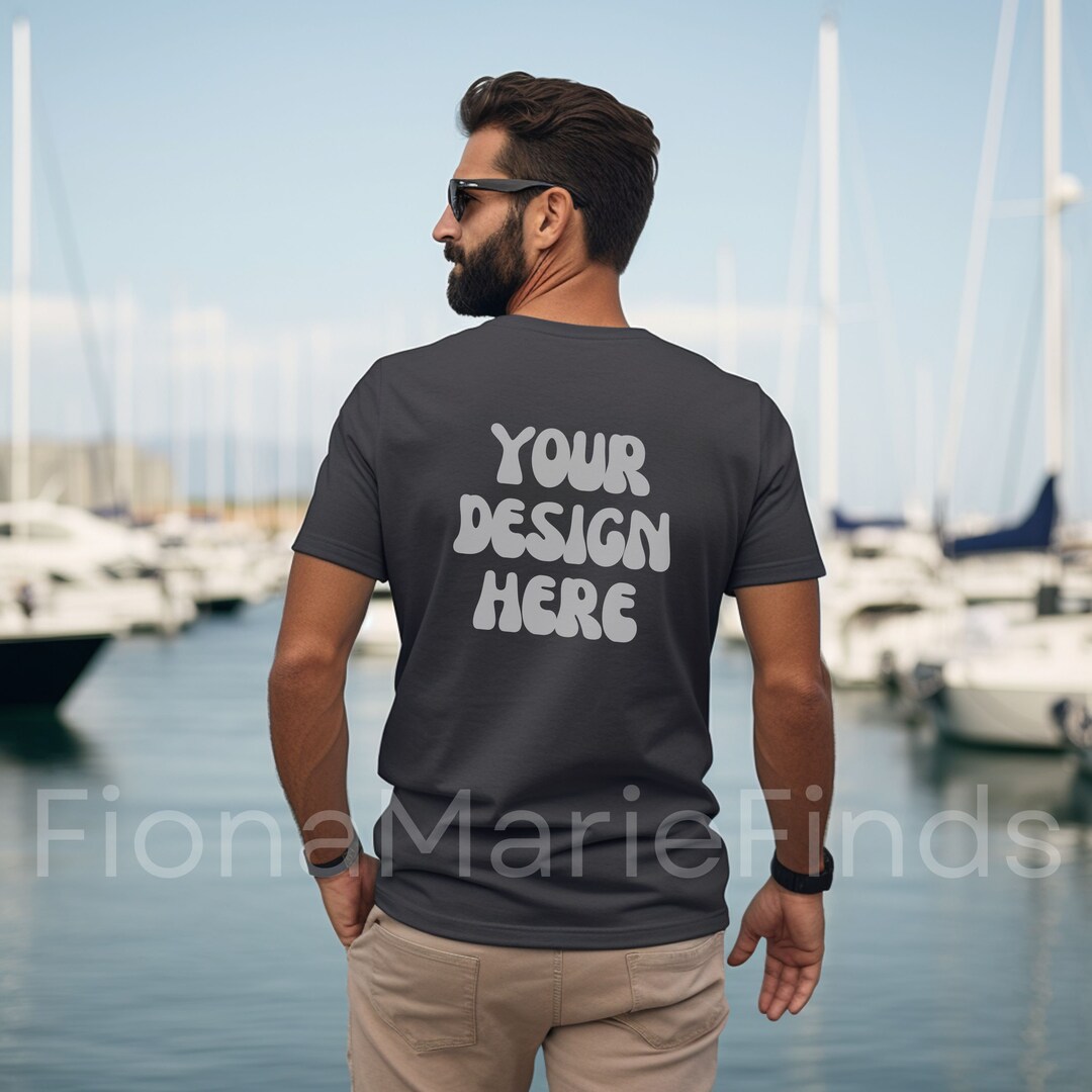 Male Model Bella Canvas 3001 Asphalt T-shirt Mockup Back View, Back Men ...