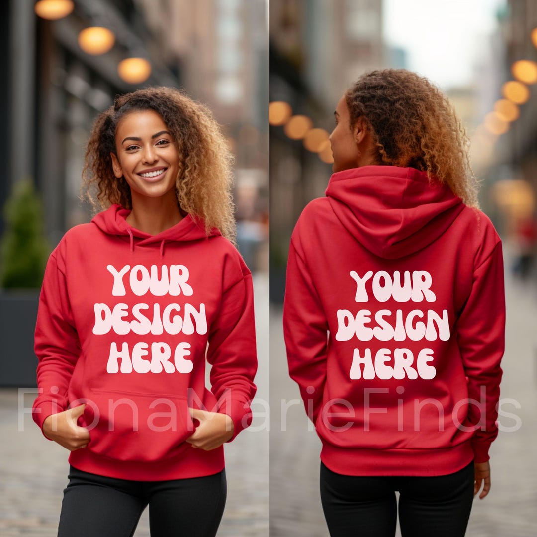 Gildan 18500 Red Front and Back Hoodie Mockup, Female Model Mockup Red ...