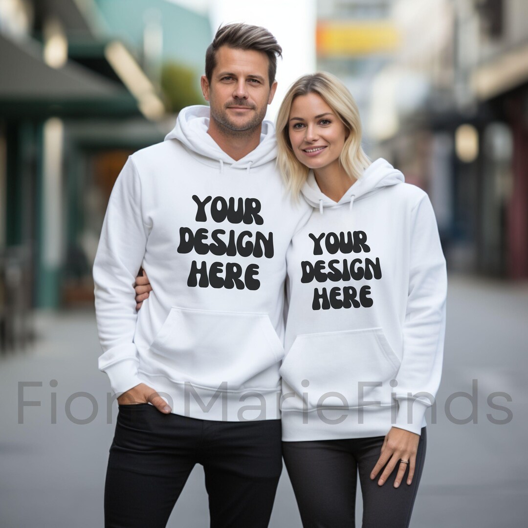 Couple Gildan 18500 White Hoodie Mockup, Couple Model Gildan 18500 ...