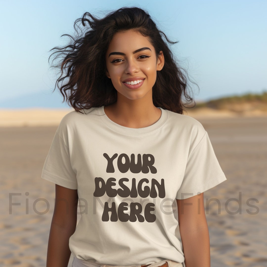 Gildan 64000 Natural T-shirt Mockup: Female Model Lifestyle Photo (JPG ...