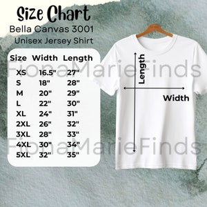 Bella Canvas 3001 Size Chart, Bella and Canvas 3001 Size Chart Bundle ...