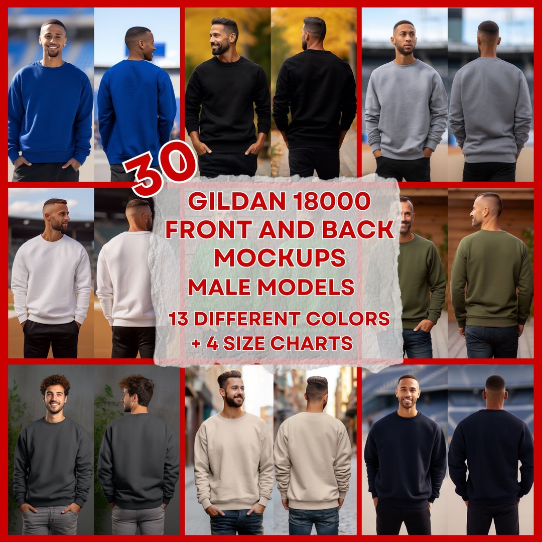 30 Gildan 18000 Front and Back Male Model Mockup Bundle, Front Back ...