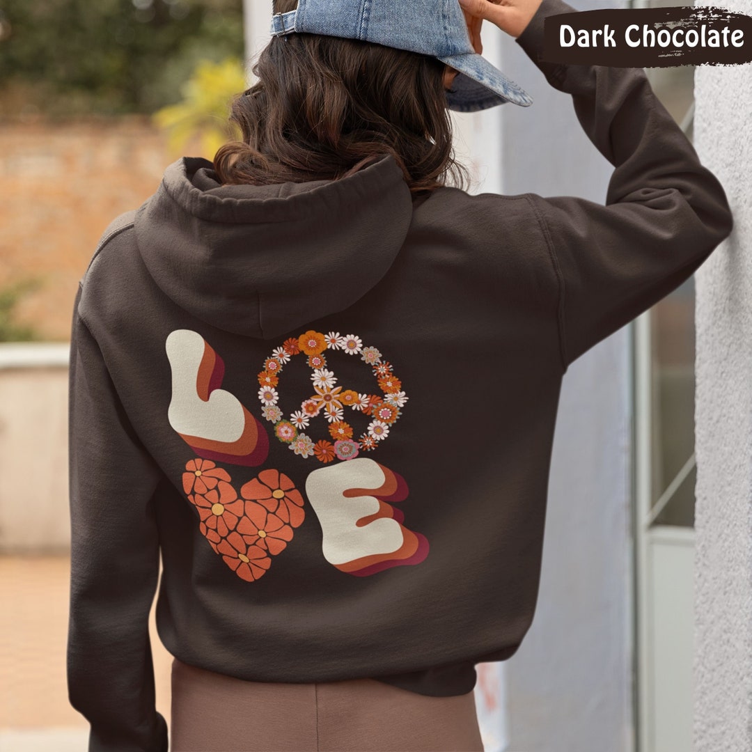 Boho-chic Love Print Hoodie - Cozy Earthy Cotton Blend Hippie Top - All ...
