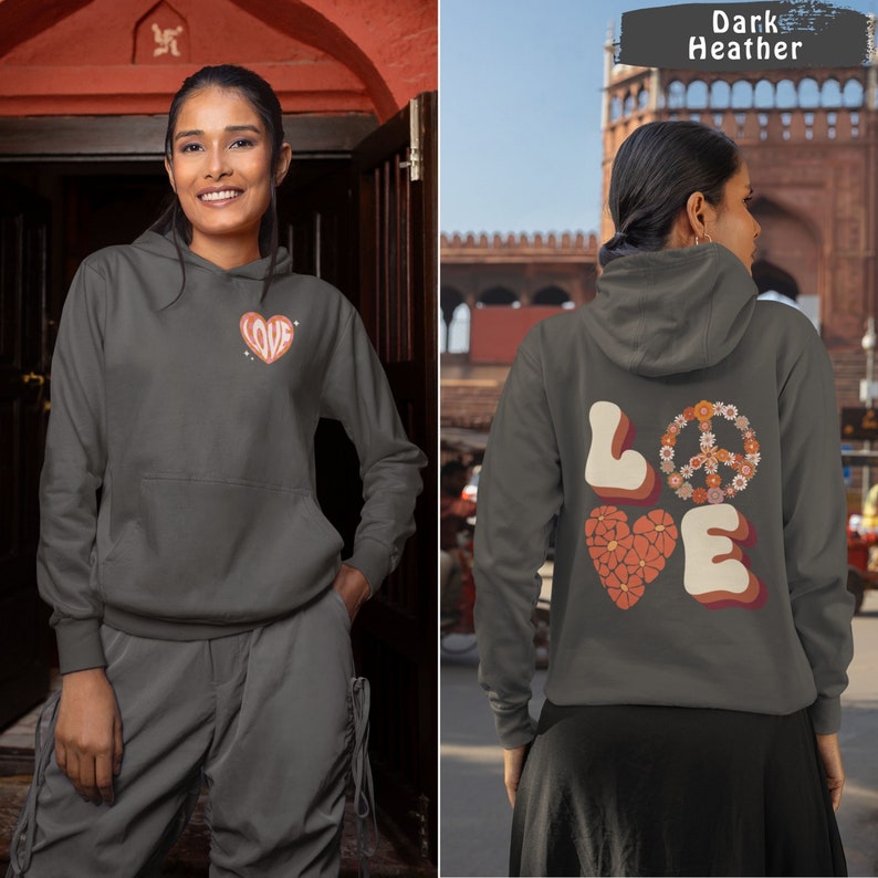 Boho-chic Love Print Hoodie - Cozy Earthy Cotton Blend Hippie Top - All ...