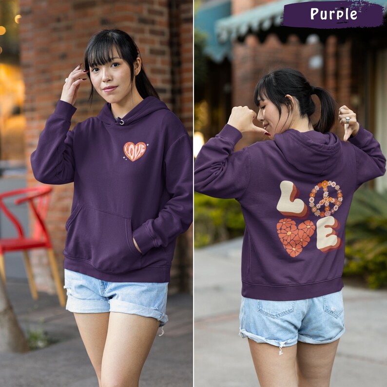 Boho-chic Love Print Hoodie - Cozy Earthy Cotton Blend Hippie Top - All ...