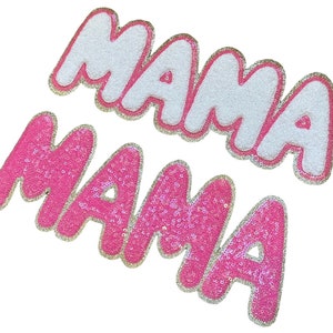 MAMA Sequin Chenille Patch, Pink and White MAMA Patch, Top Quality MAMA Chenille Letters, Iron ...