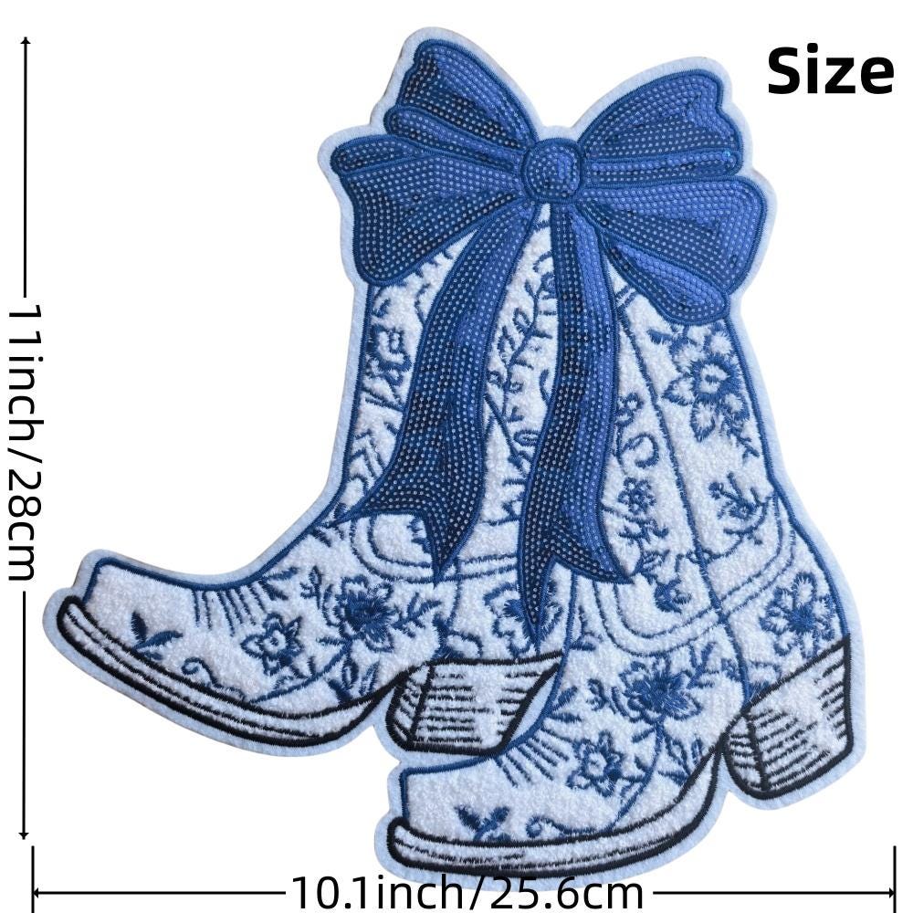 Blue Sequin Cowboy Boot Bow Patch, Large Iron on Applique - Etsy