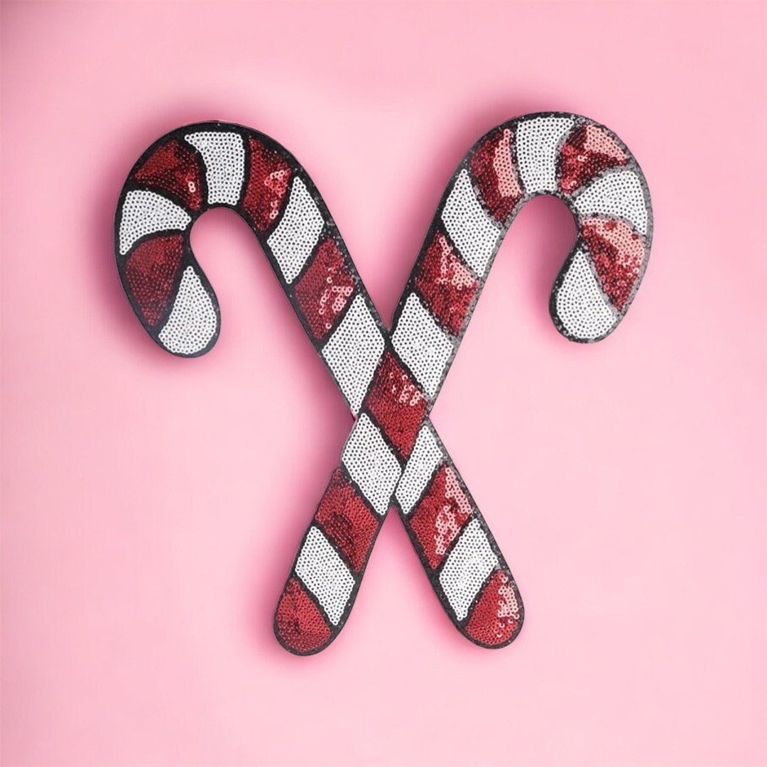 Candy Cane Sequin Christmas Chenille Patches, Sequin Candy Cane Santa Patch, Holiday Iron on ...
