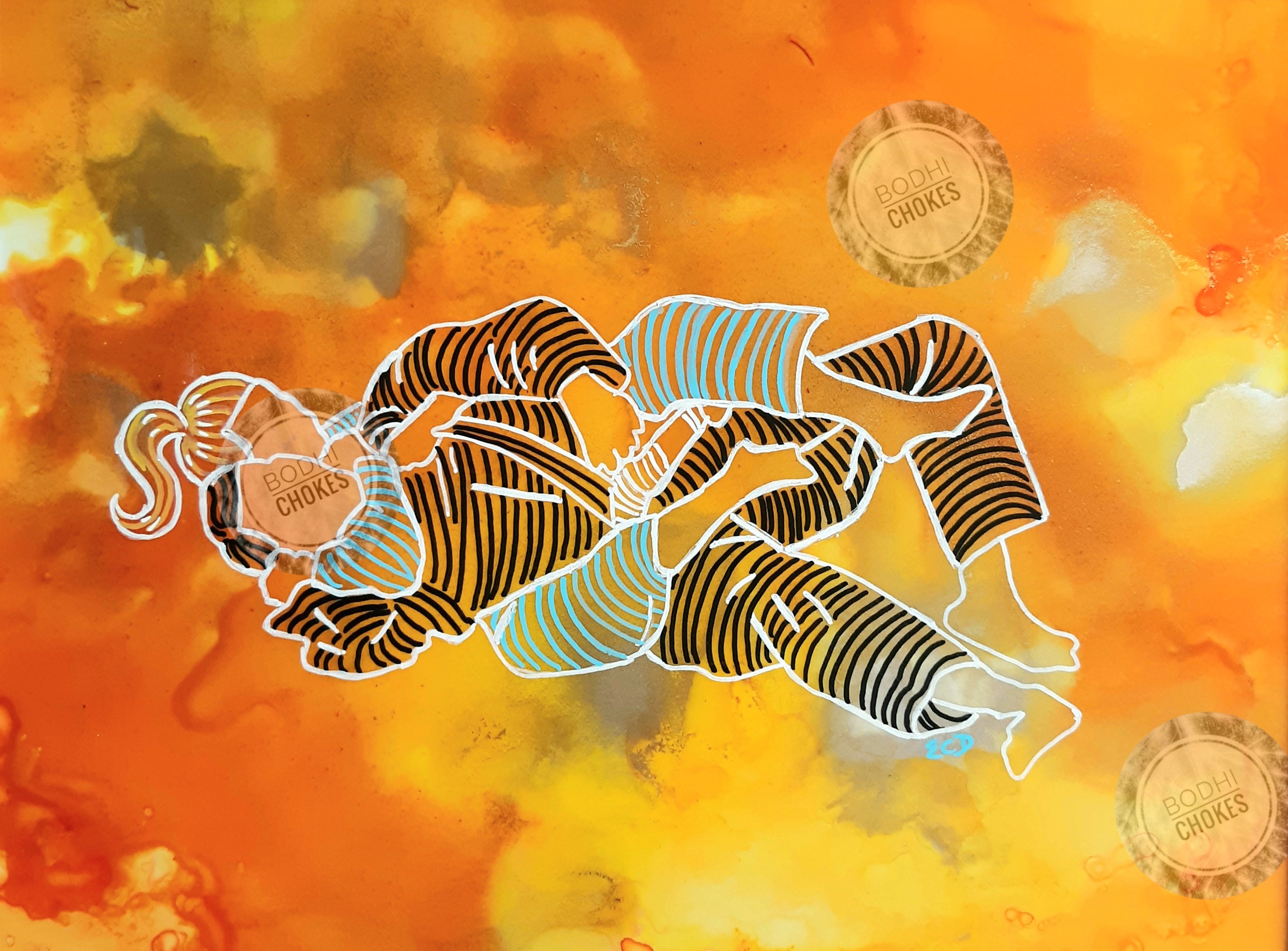 Fine Art Giclée Print of Man/woman Rear Naked Choke, Bjj Lineart,orange ...