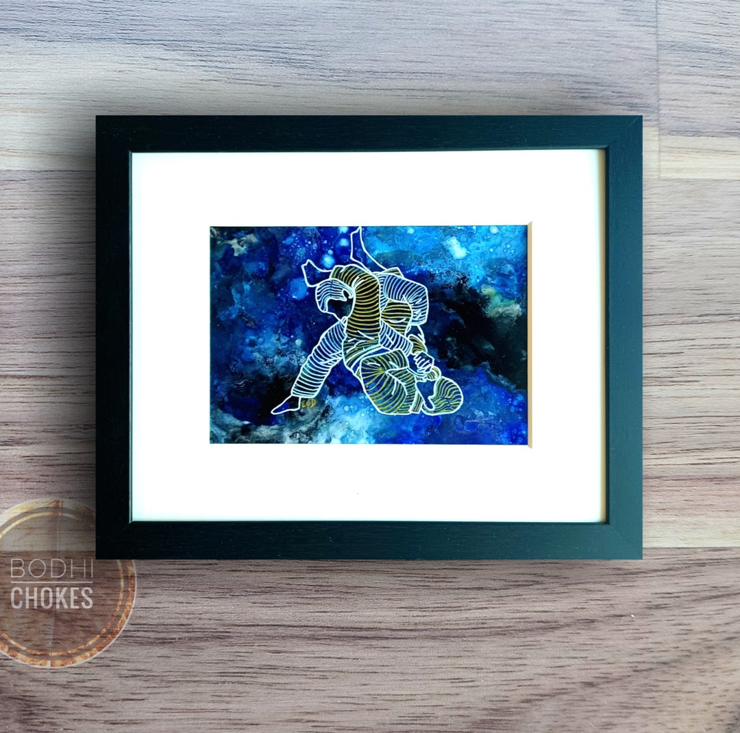 Blue Male Armbar Jiu Jitsu Painting, Original Framed Abstract Jujitsu ...