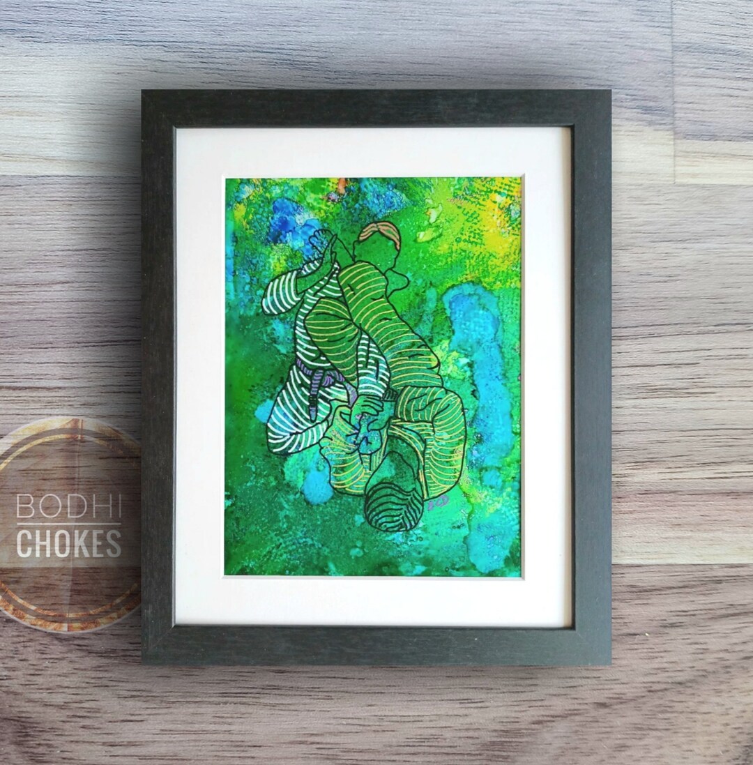 Green Mens Abstract Jiu Jitsu Armbar Painting, Framed Original Line ...