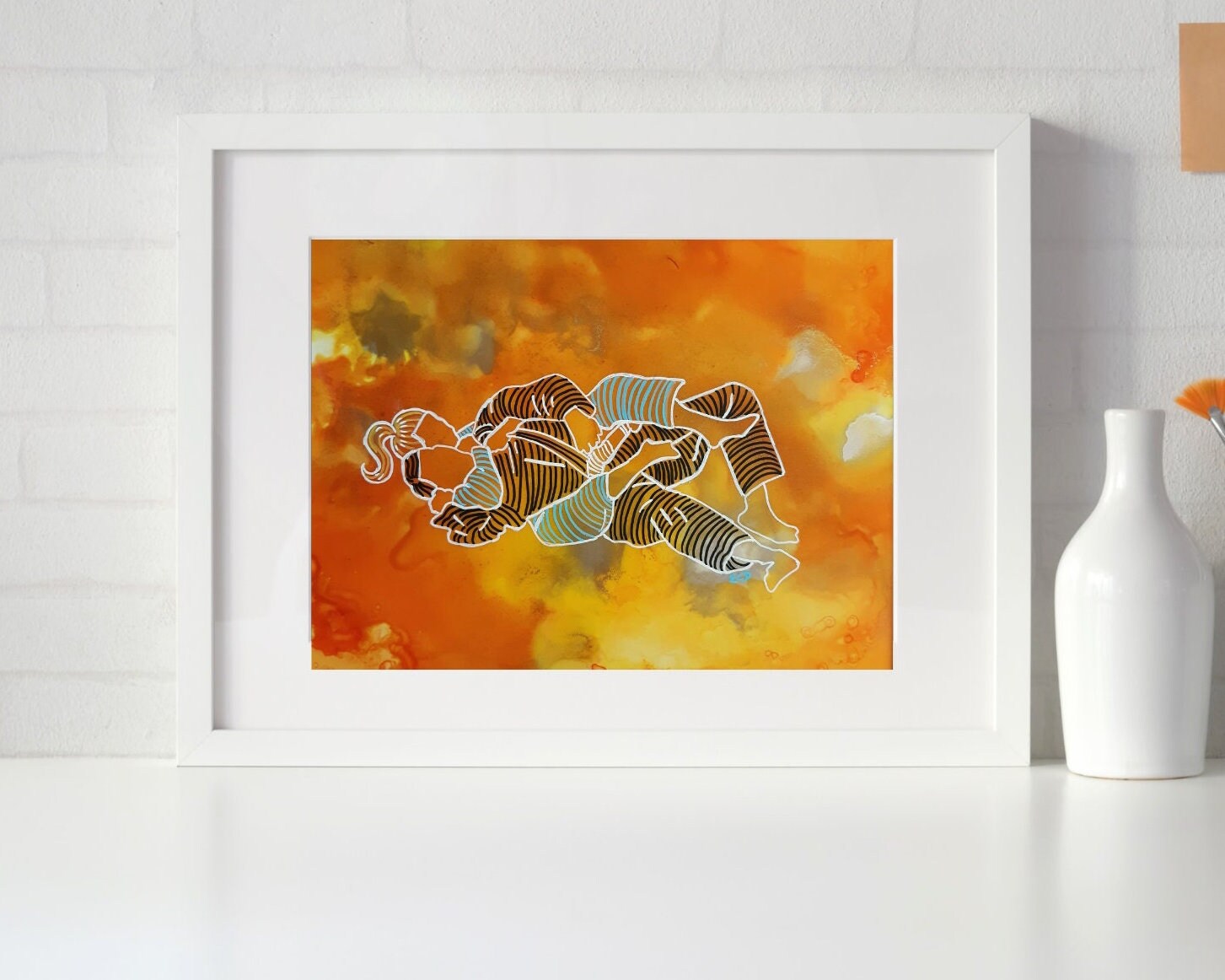 Fine Art Giclée Print of Man/woman Rear Naked Choke, Bjj Lineart,orange ...