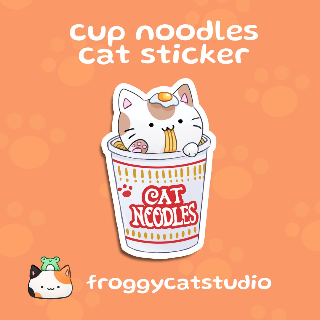 Cup Noodles Cat Sticker Glossy Vinyl Sticker Waterproof Cute Kawaii ...