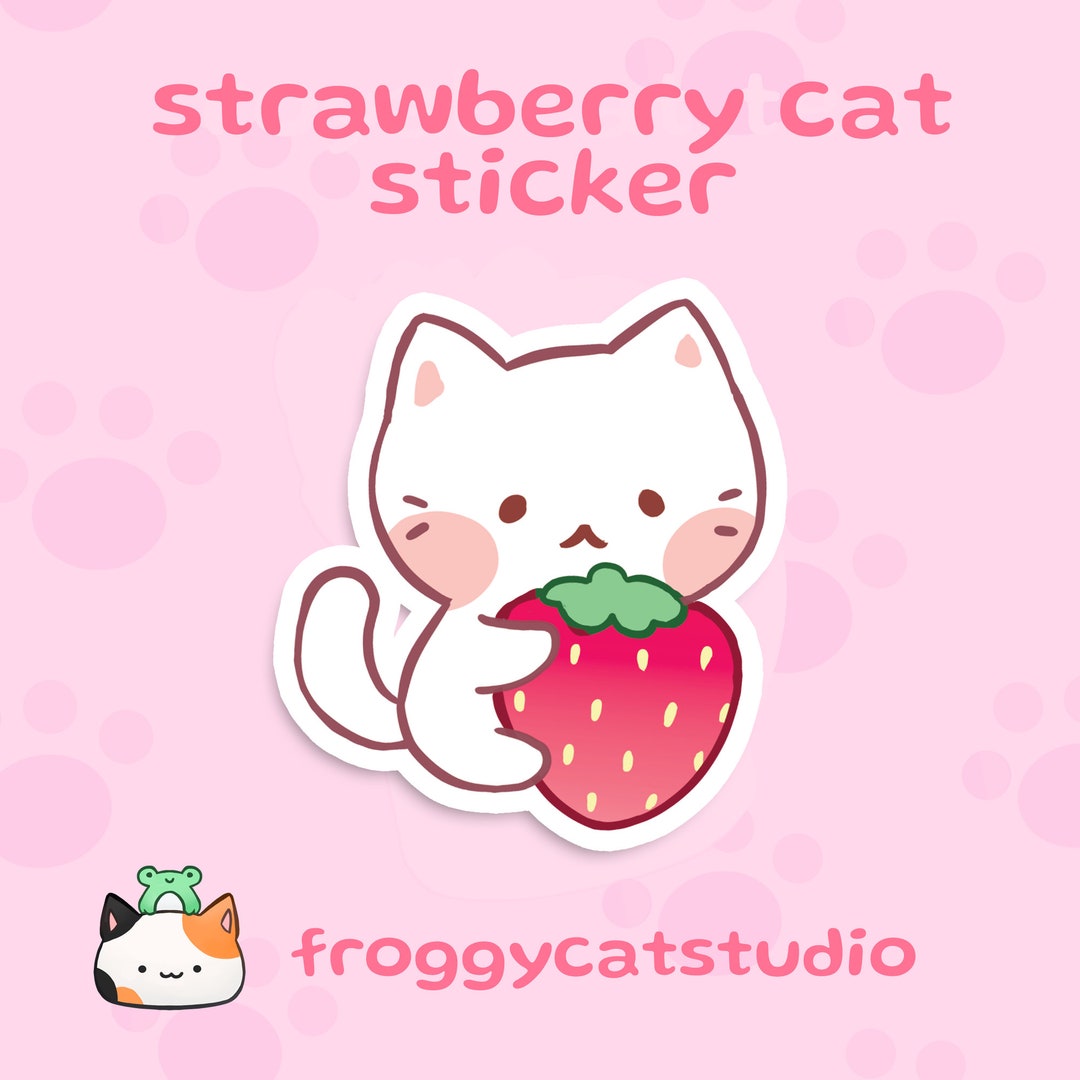 Strawberry Cat Sticker | Glossy Vinyl Sticker | Waterproof | Cute ...