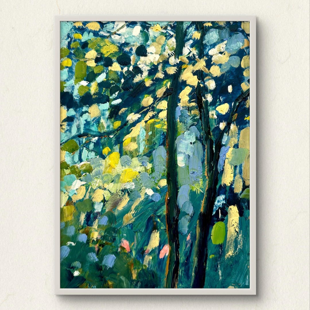 Impasto Forest Oil Painting: Sun Glare Tree Artwork, Pointillism ...