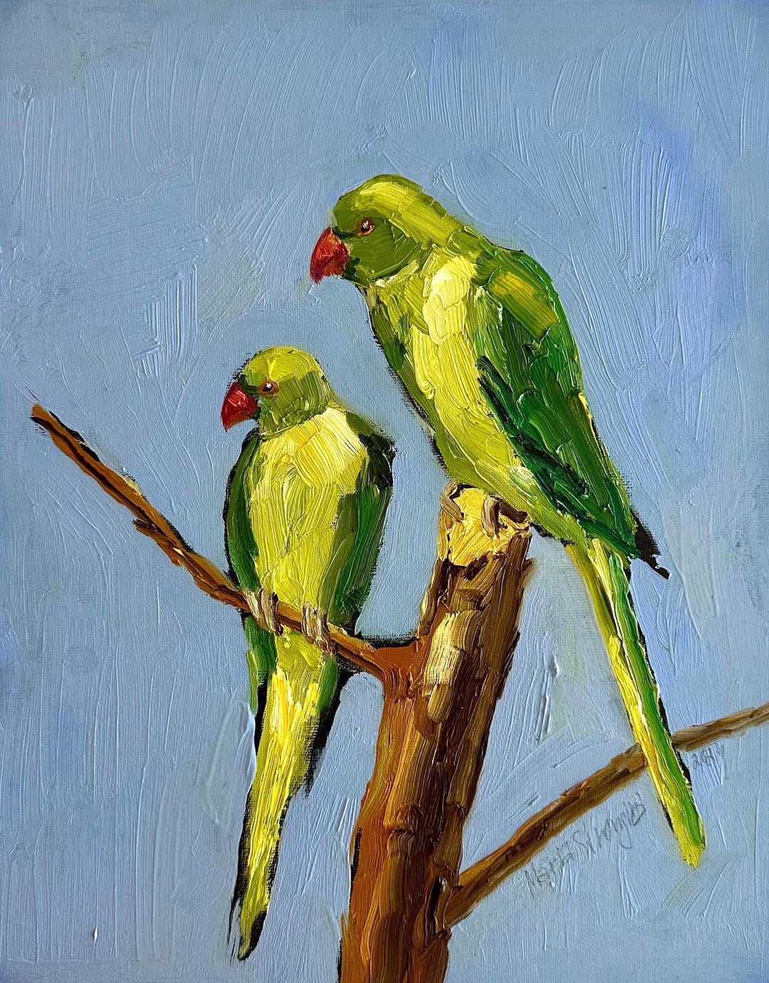 A Pair of Parrots Original Oil Painting Canvas 11 by 14 Inches Green ...