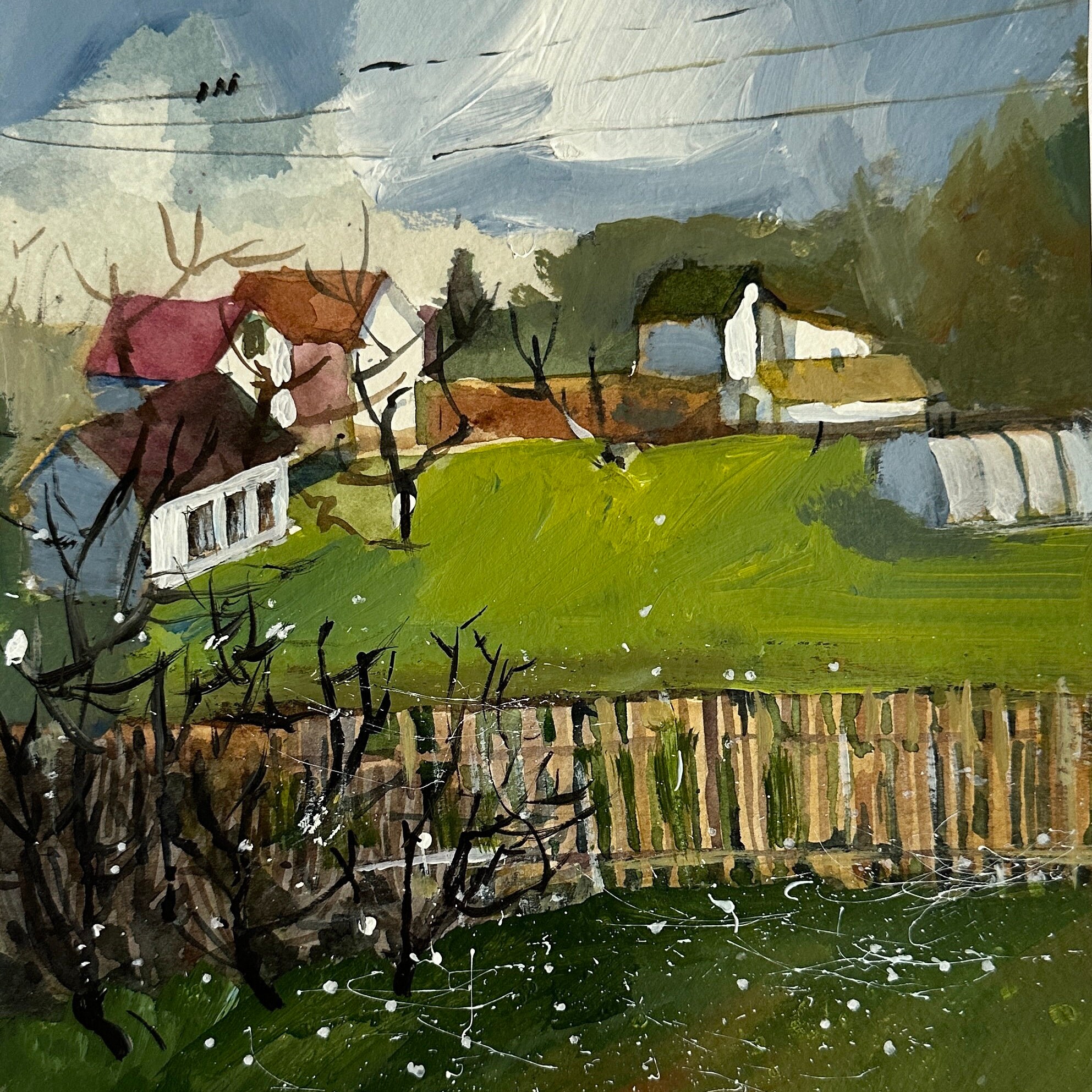 Houses in the Village Framed Small Painting Rainy Autumn Day Landscape ...