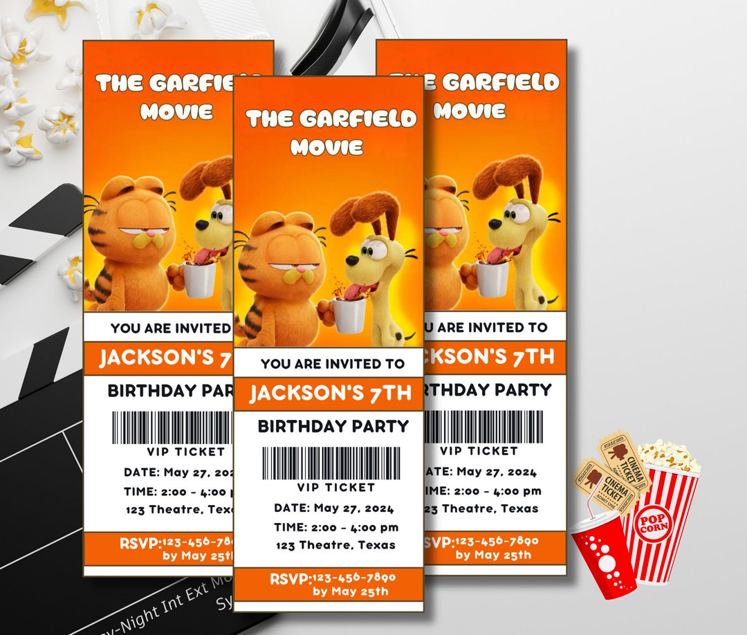 The Garfield Movie Ticket Invitation, Garfield Birthday Invitation ...
