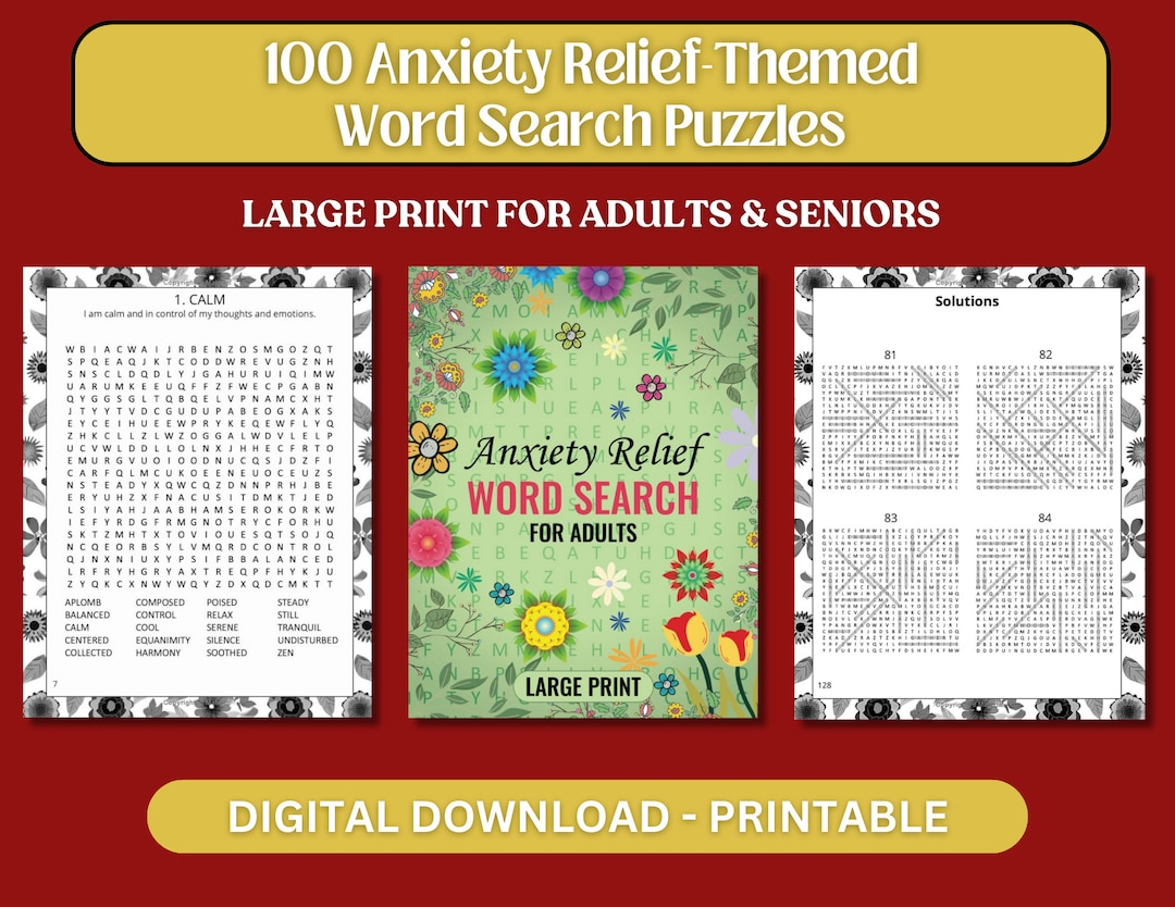 100 Anxiety Relief Word Search Printable | Word Search for Adults ...