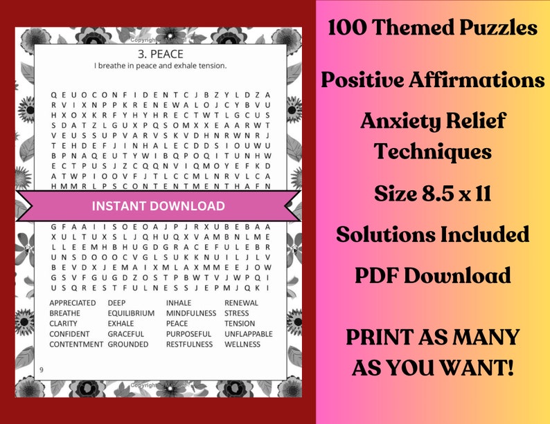 100 Anxiety Relief Word Search Printable | Word Search for Adults ...