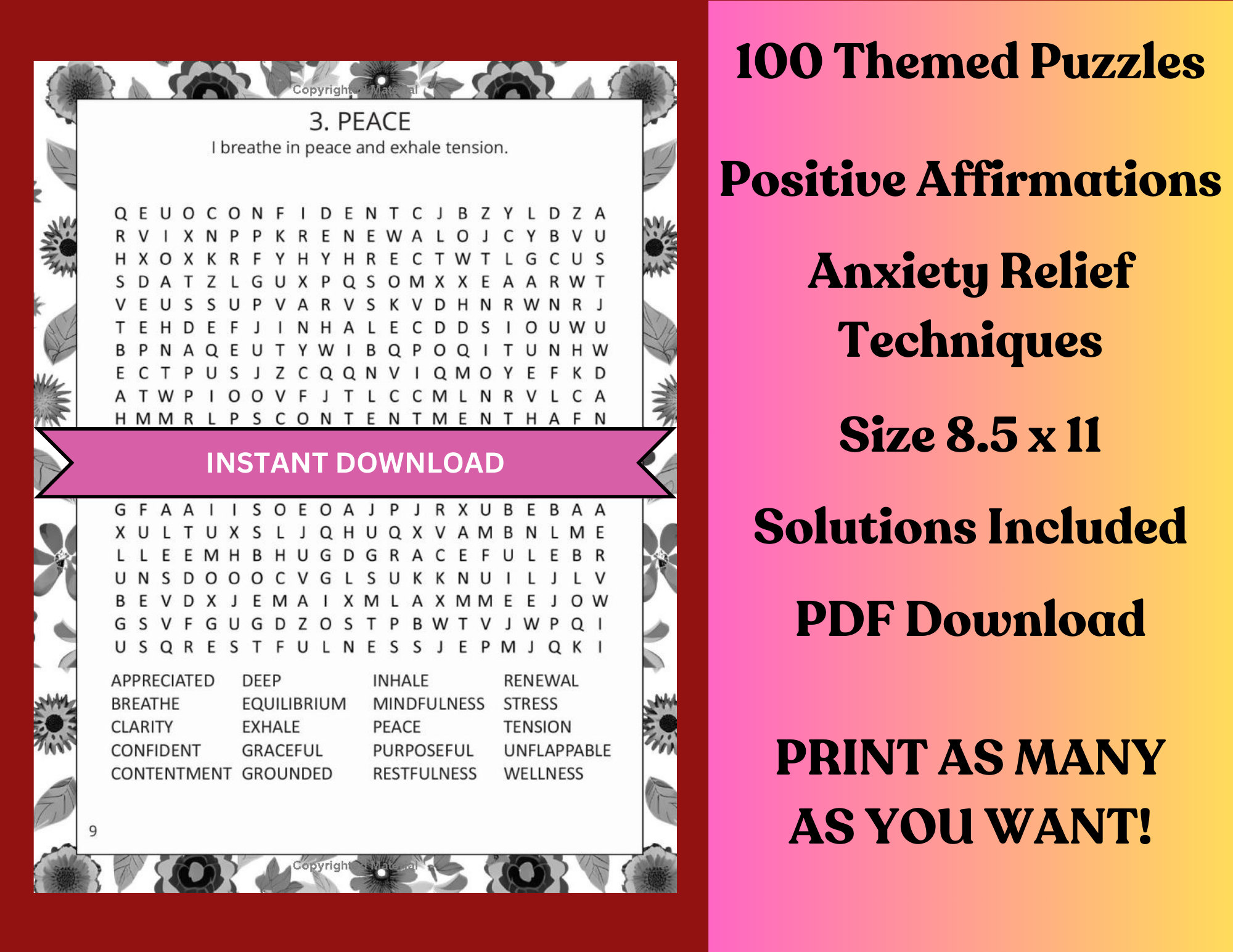 100 Anxiety Relief Word Search Printable | Word Search for Adults ...