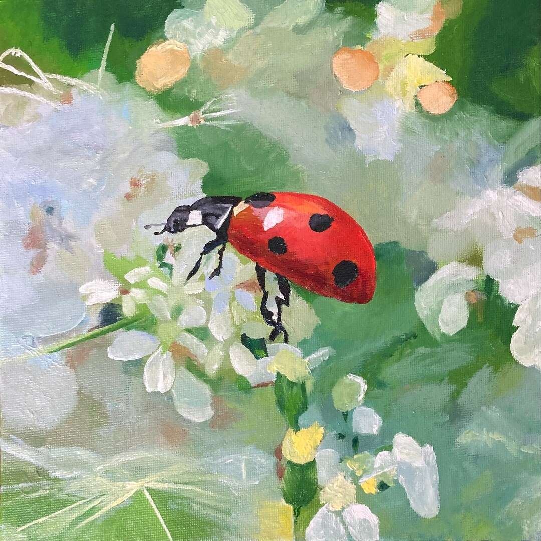 Original Oil Painting on Canvas Panel, Ladybug, Flowers, Spring, Human ...