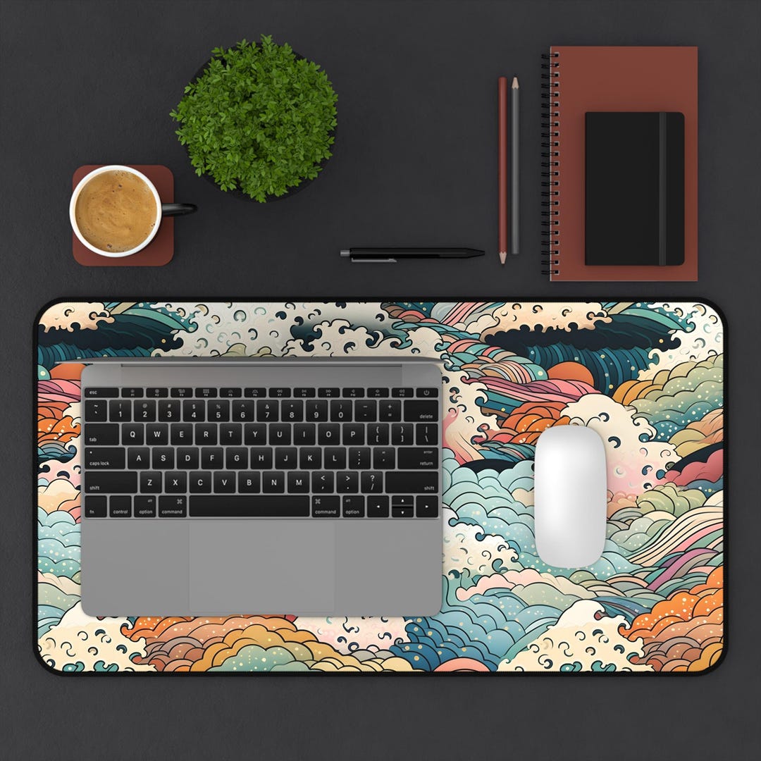 Orange & Teal Stylized Waves Office Mat, Neoprene Desk Mat, Matches ...