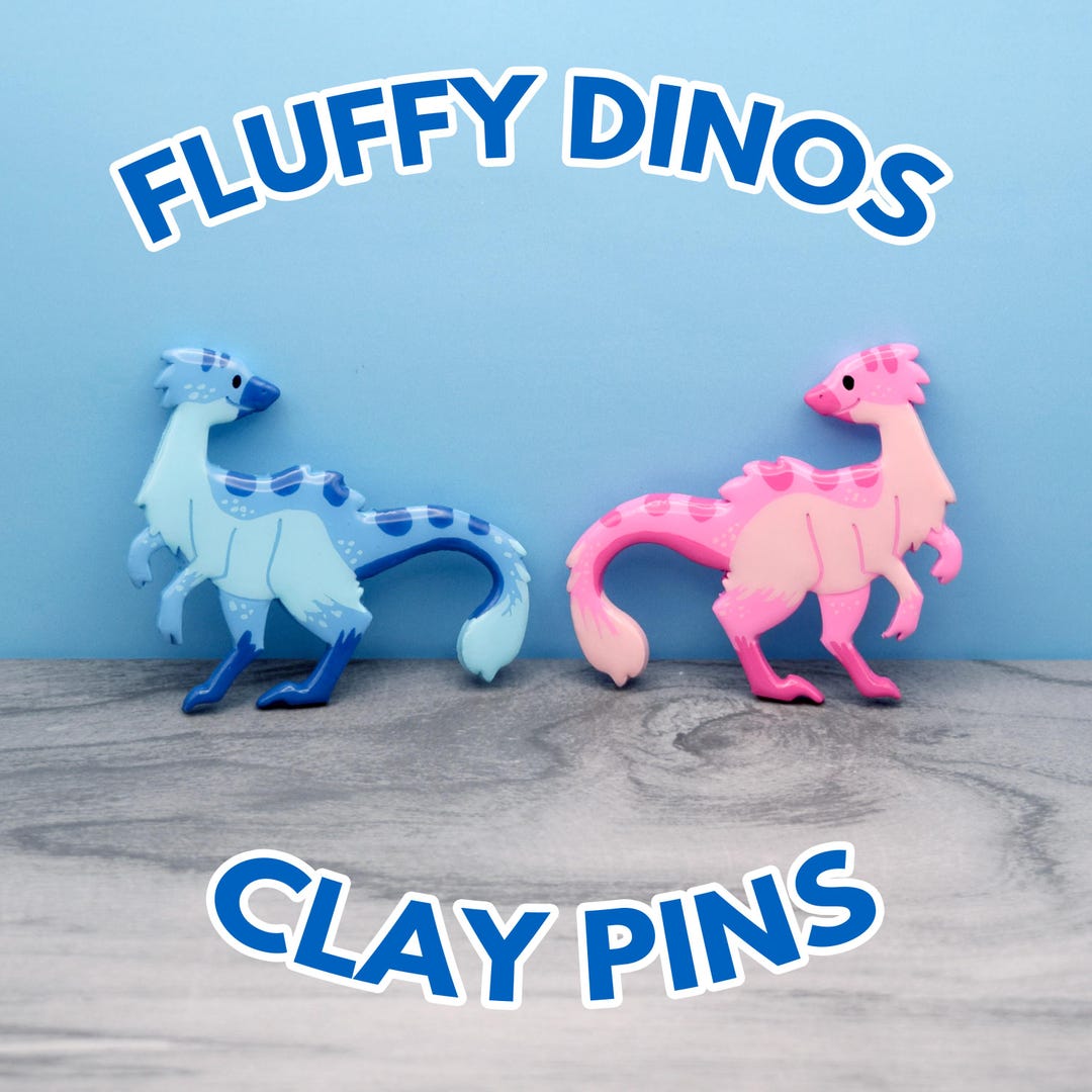 Handmade Fluffy Feathered Dinosaur Pins | Large Polymer Clay Pins ...