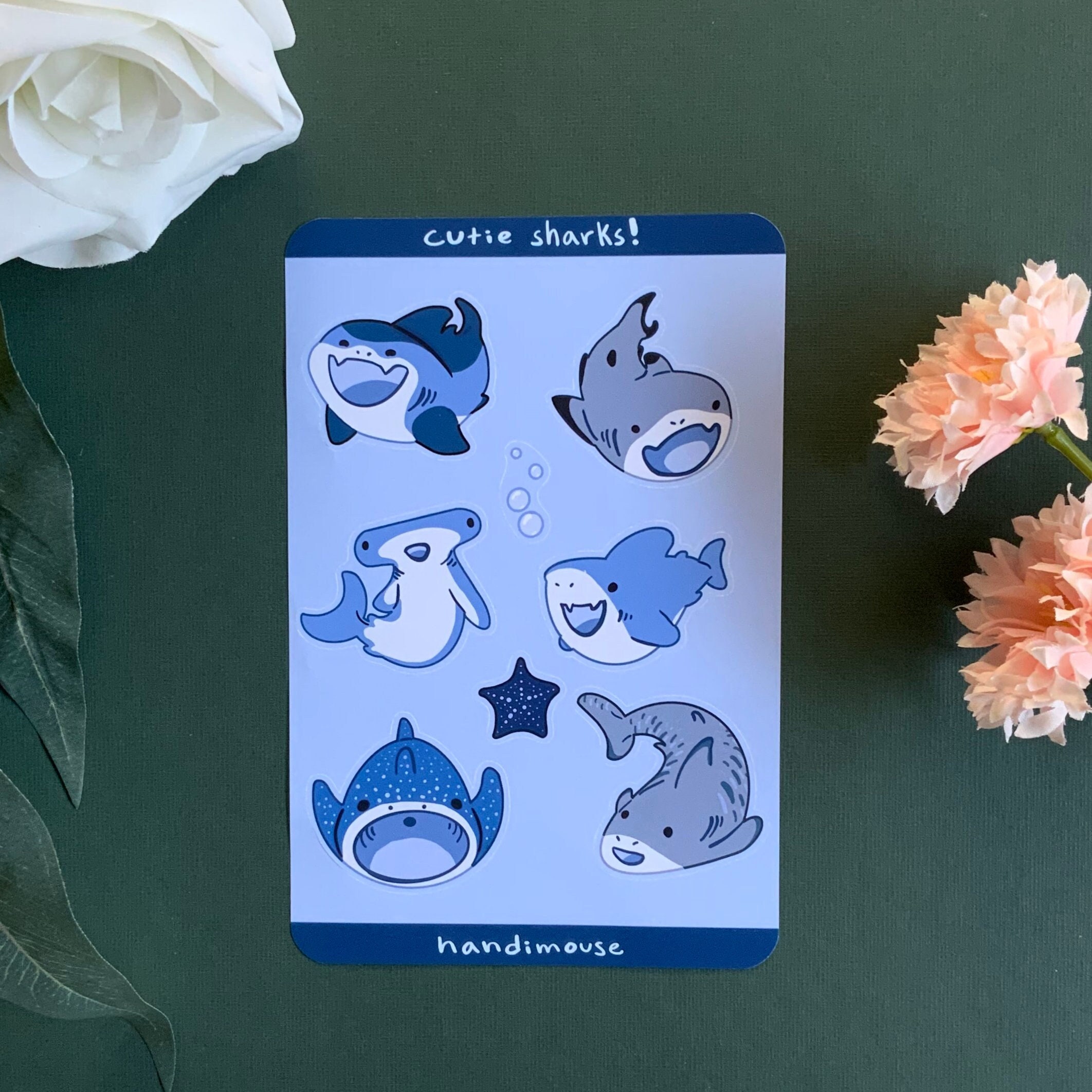 Cute Sharks Sticker Sheet Handmade Water Bottle & Stationary Stickers ...