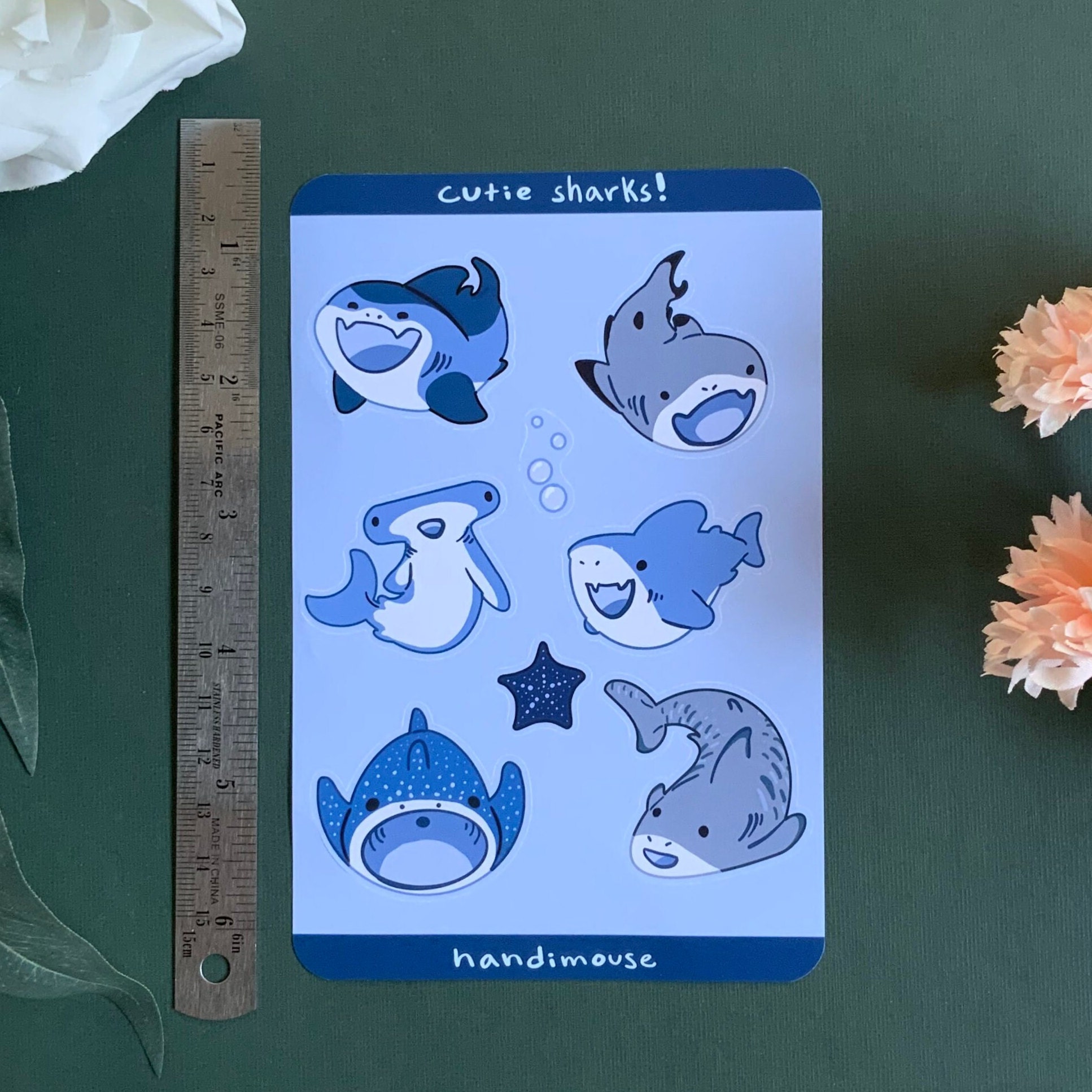 Cute Sharks Sticker Sheet Handmade Water Bottle & Stationary Stickers ...