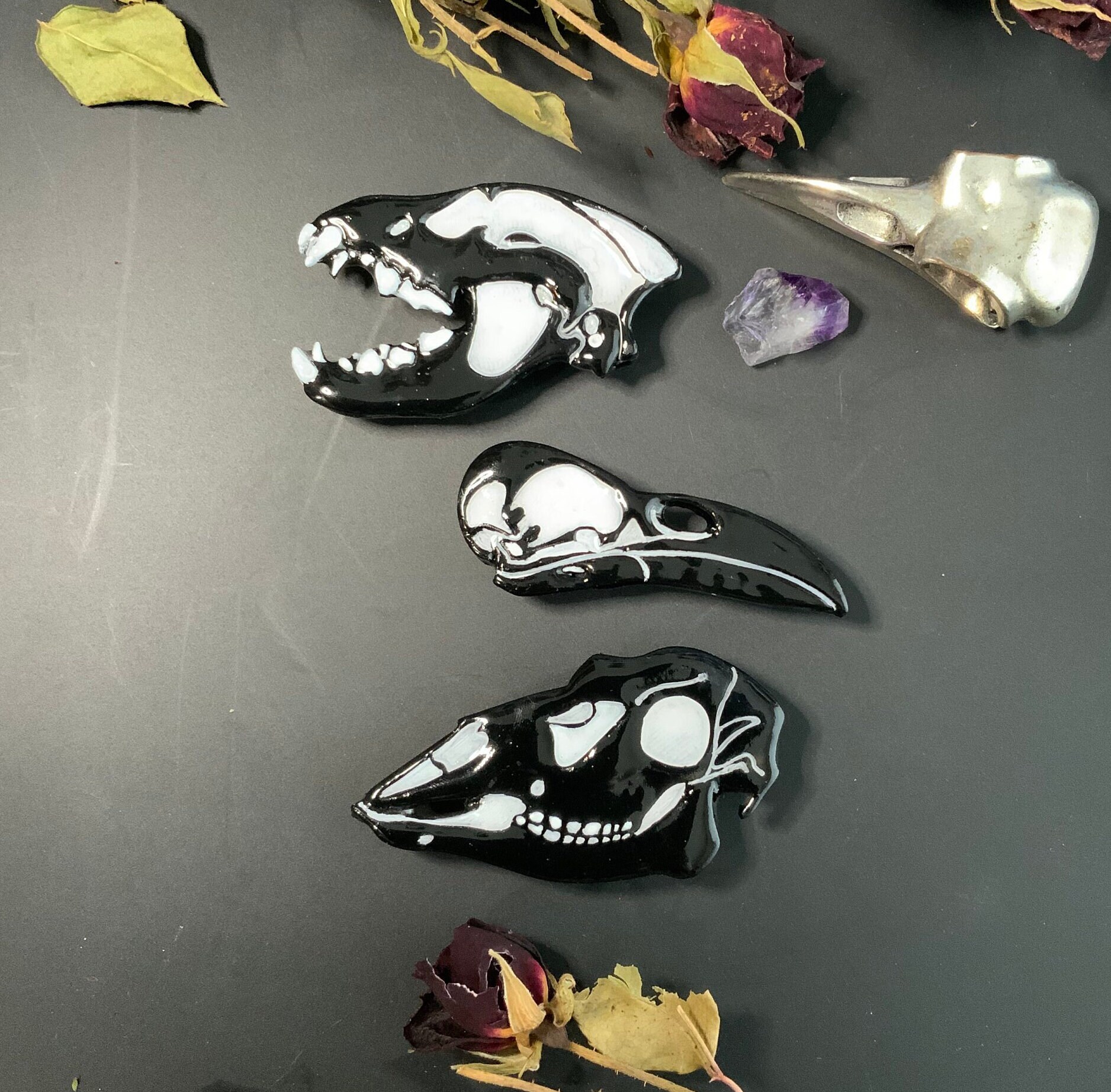 Animal Skull Pins Handmade Clay Pins Creepy Coyote, Raven, and Deer ...