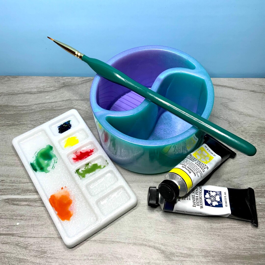Paint Water Cup & Palette | Handmade Resin Artist Gift | Teal and ...
