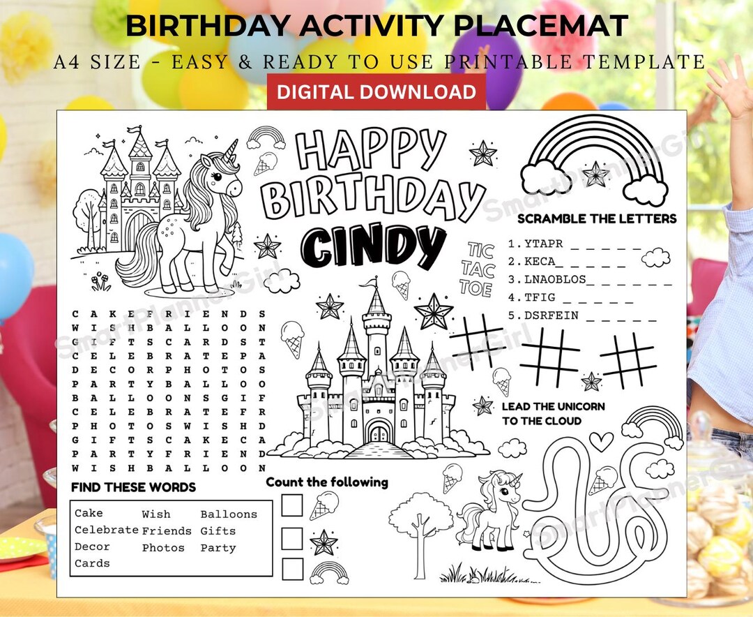 Kids Activity Mat, Birthday Coloring Placemat for Kids, Kids Party ...
