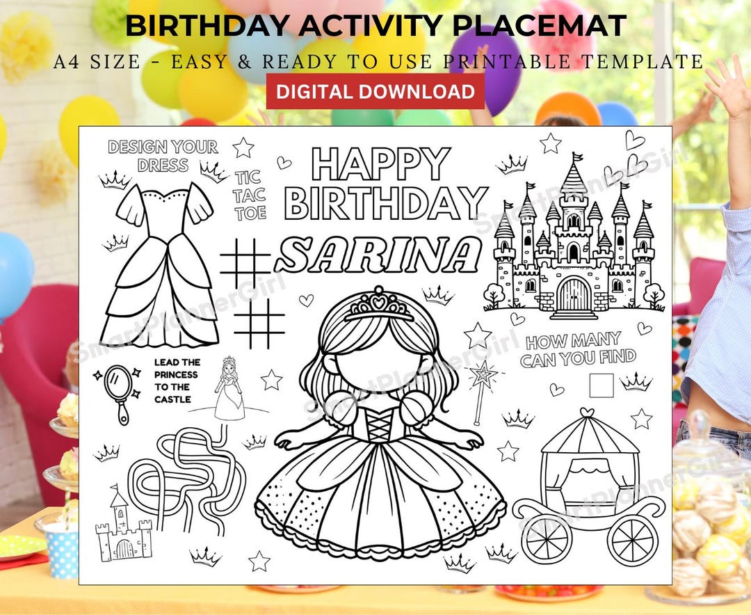 Princess Birthday Theme Kids Activity Mat, Birthday Coloring Placemat ...