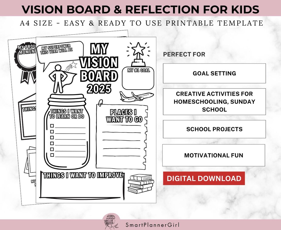 Vision Board Kits Sheet for Kids + Reflection Sheet - Printable 2025 ...