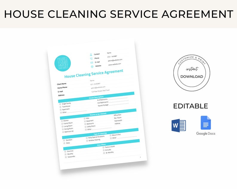 House Cleaning Service Agreement Contract Form - Editable Google Docs ...